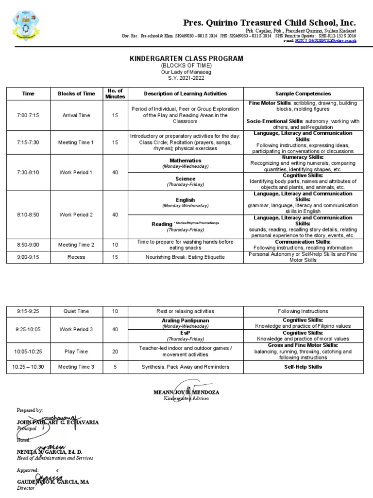 KIndergarten Class Programs (Blocks of Time) | PDF | Literacy | Cognition