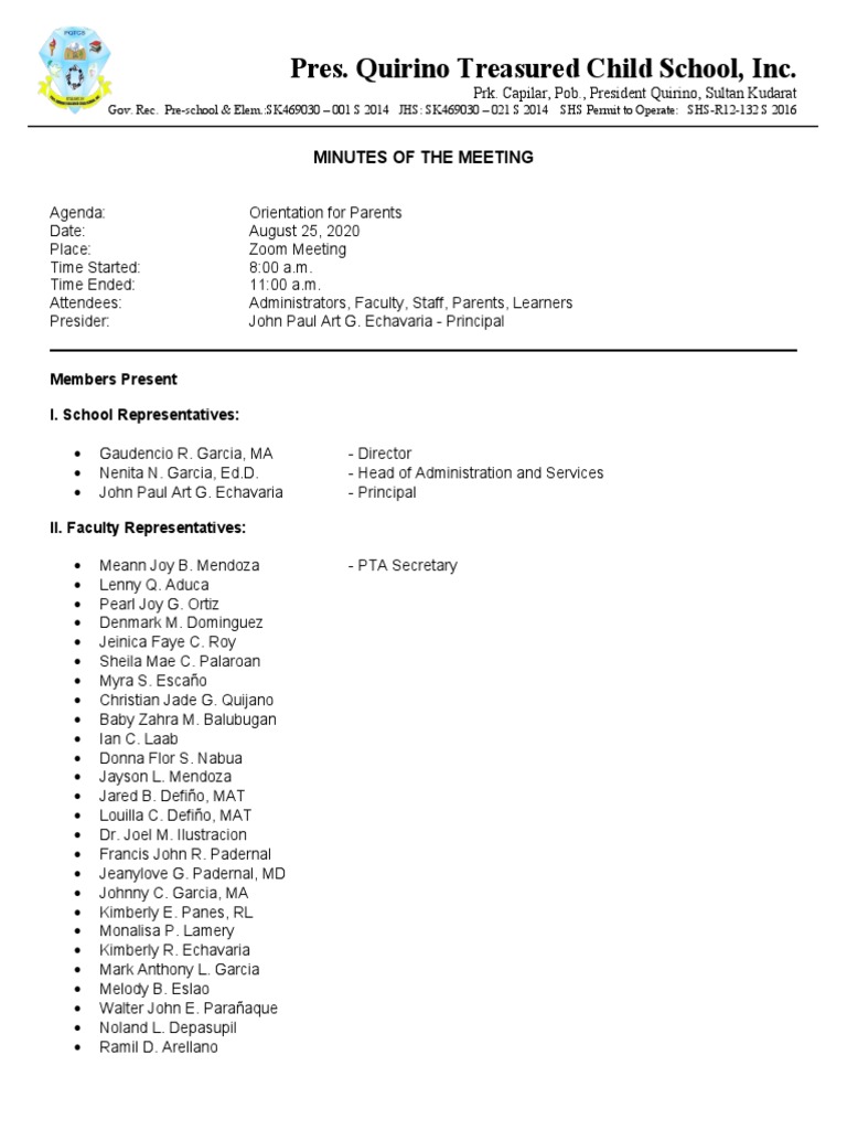 Minutes of The Meeting of The Parents Orientation | PDF | Youth | Human ...