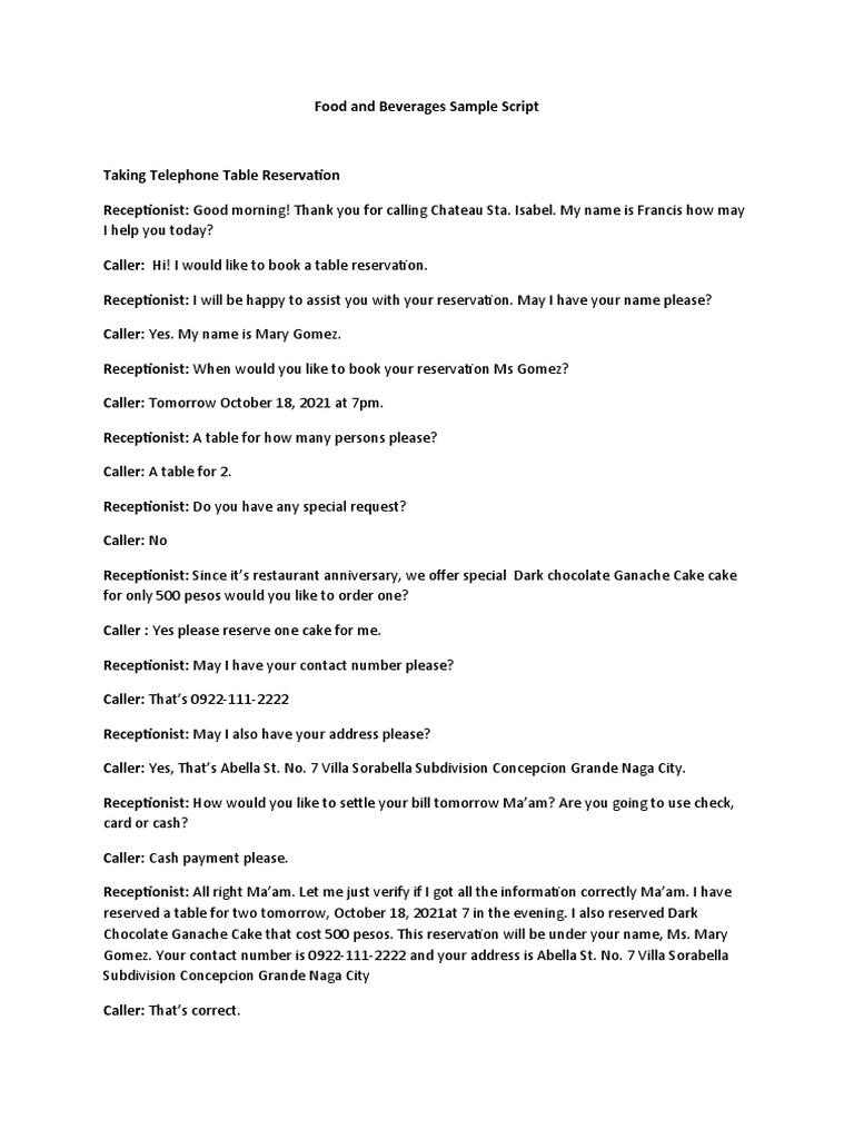 Food and Beverages Sample Script | PDF | Waiting Staff | Menu