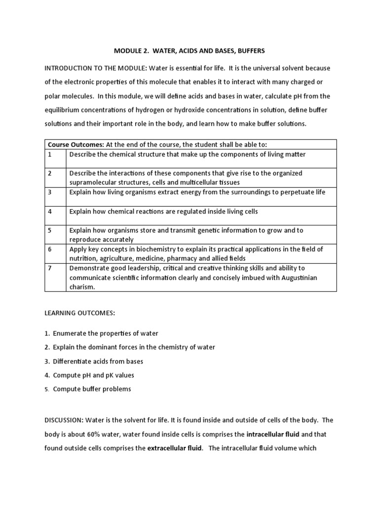 Water, Acids, Bases, and Buffers Module | PDF | Ph | Buffer Solution