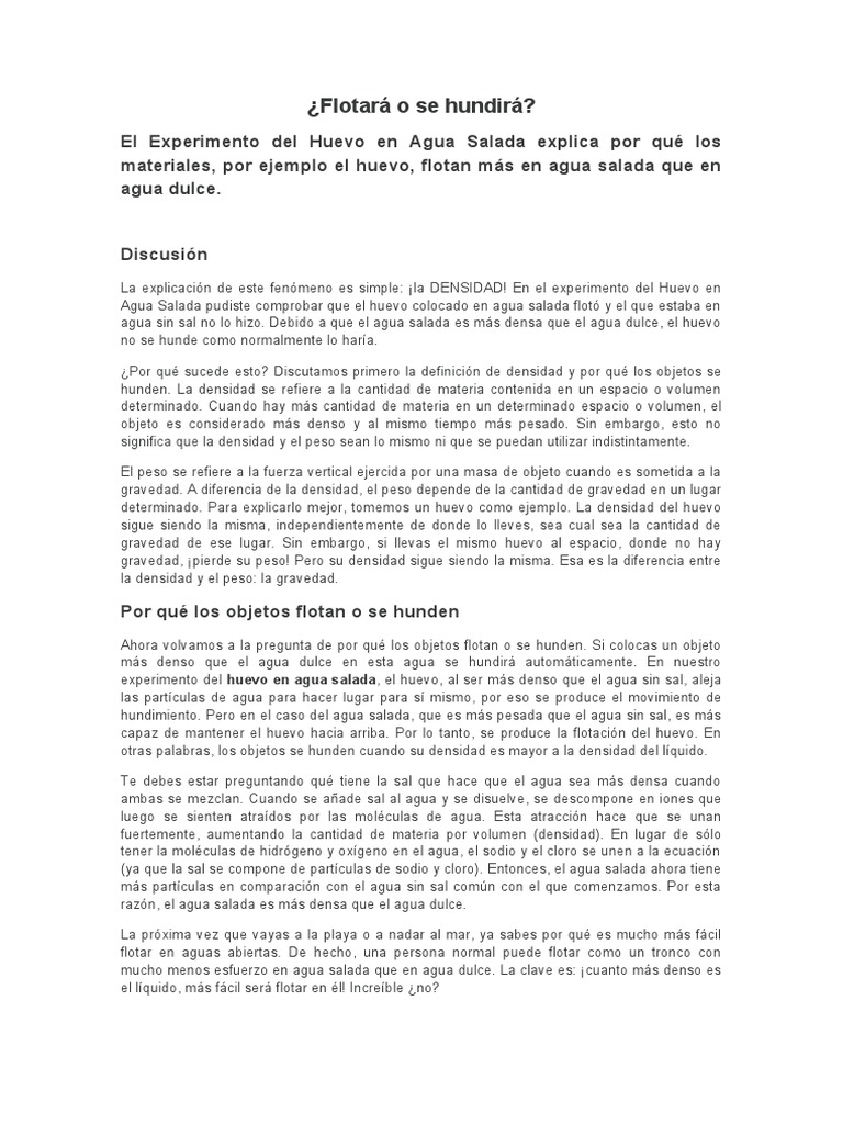 Flotación y hundimiento de objetos | PDF | Agua | Densidad