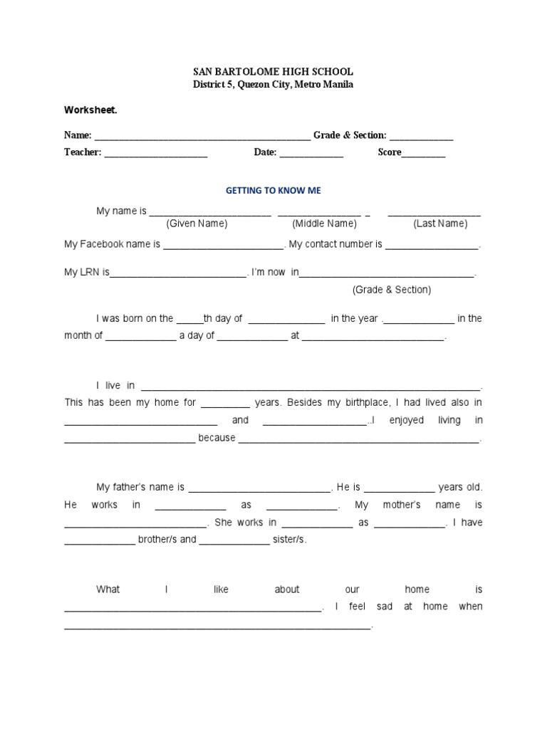 Worksheet. Getting To Know Me 2 | PDF
