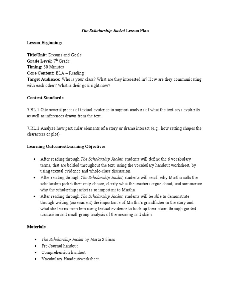 The Scholarship Jacket Lesson Plan | PDF | Reading Comprehension ...