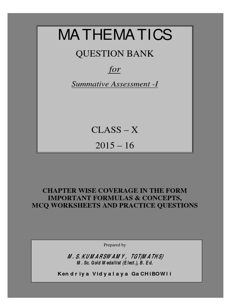 CBSE-KV Class 10 SA1 Question Bank For Mathematics | PDF | Quadratic ...