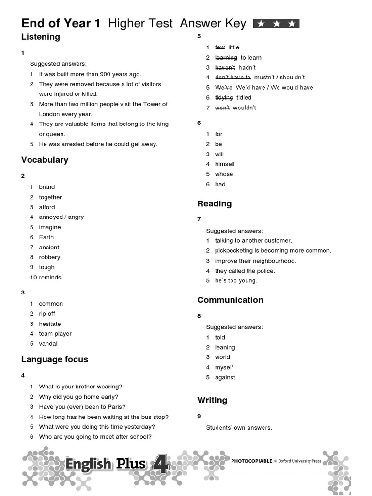 End of Year 1 Higher Test Answers | PDF