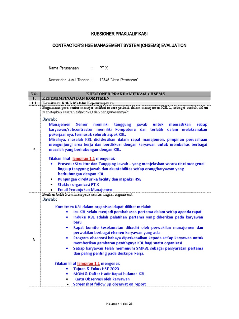 Contoh HSE Questionnaire | PDF