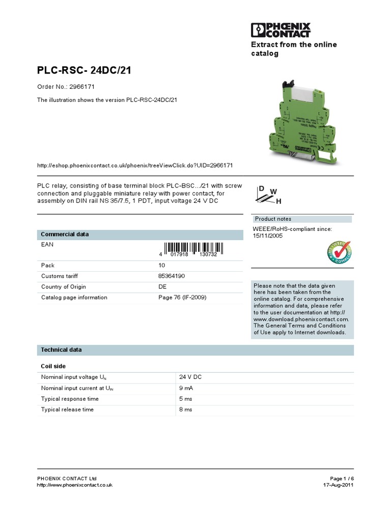 PLC-RSC-24DC/21 Datasheet Overview | PDF | Relay | Programmable Logic ...
