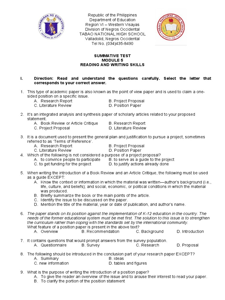 Summative Test Reading and Writing Skills | PDF | Academic Publishing ...