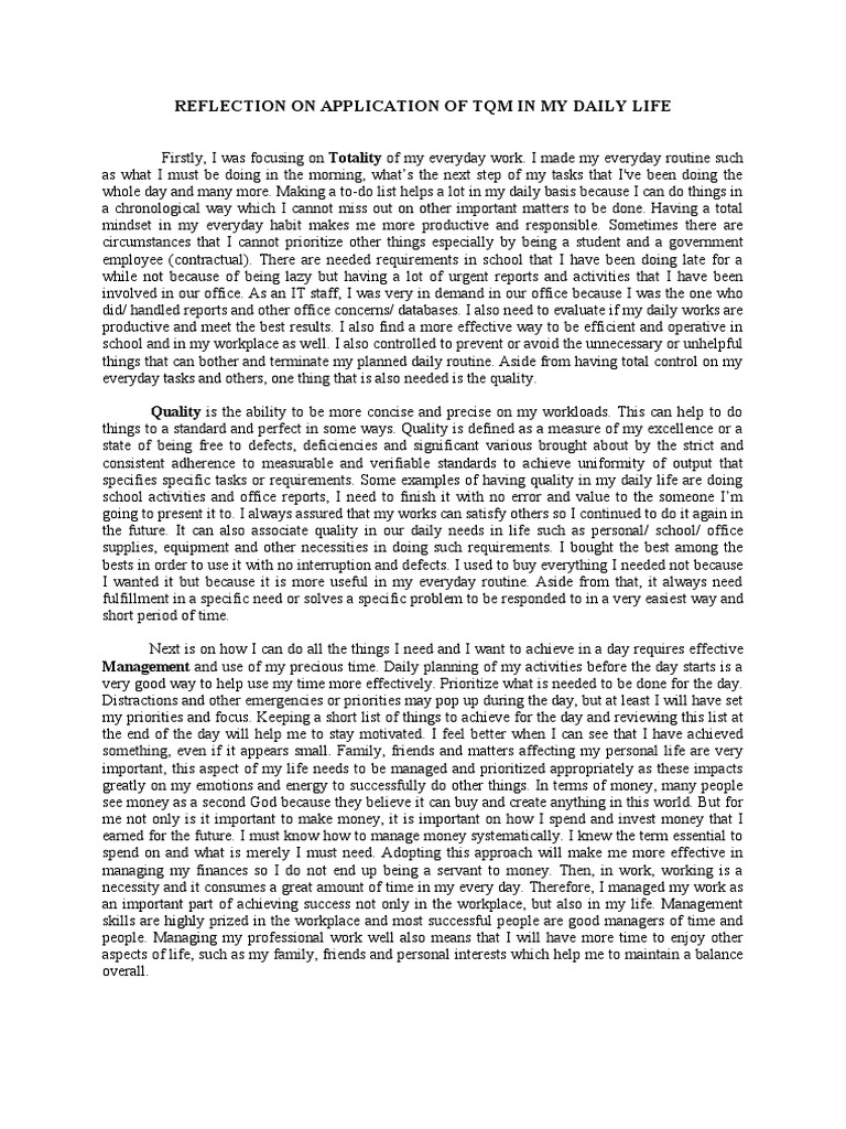 Reflection On Application of TQM in My Daily Life | PDF | Time ...
