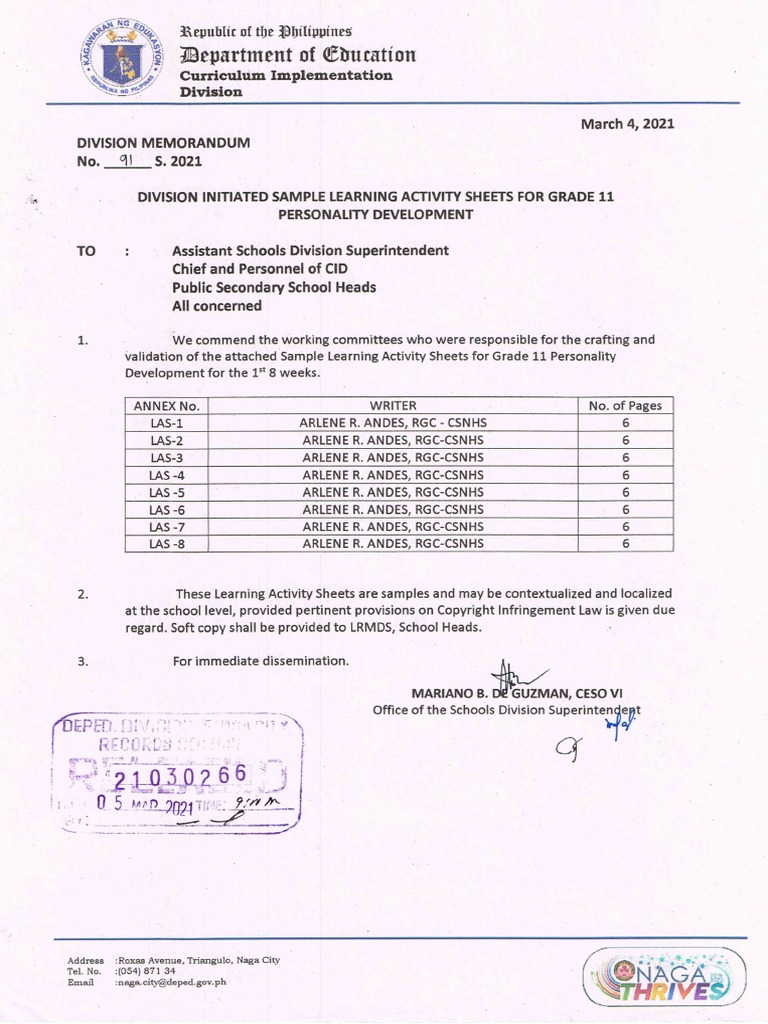 DM No. 91, S. 2021 Division Initiated Sample Learning Activity Sheets ...