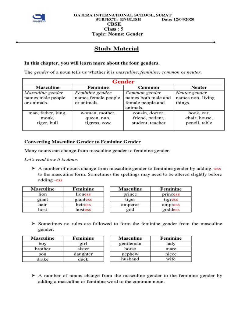 Study Material: Gender | PDF | Grammatical Gender | Gender