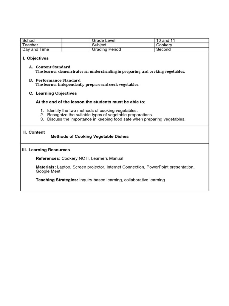 LP Methods of Cooking Vegetable Dishes | PDF | Cooking | Grilling