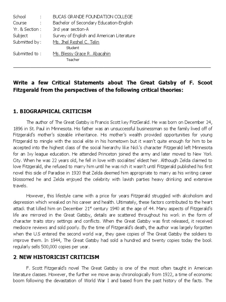 Critical Perspectives on The Great Gatsby | PDF | The Great Gatsby | Id