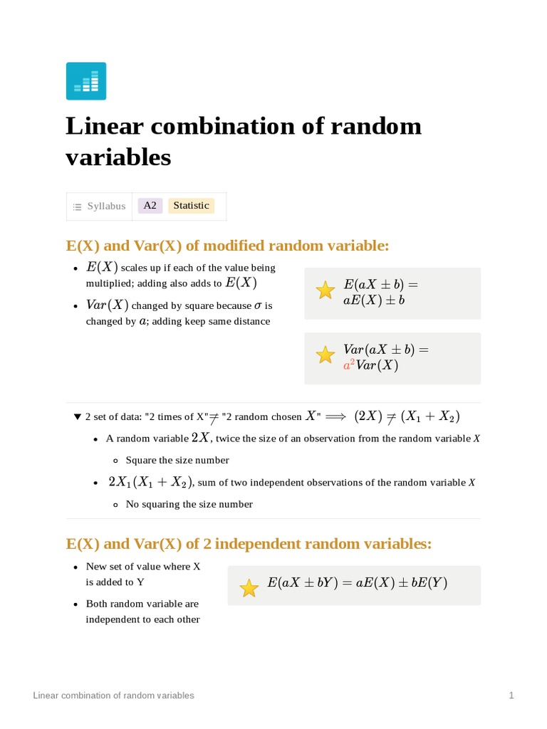 Linear Combination of Random Variables: E (X) and Var (X) of Modified Random Variable | PDF ...