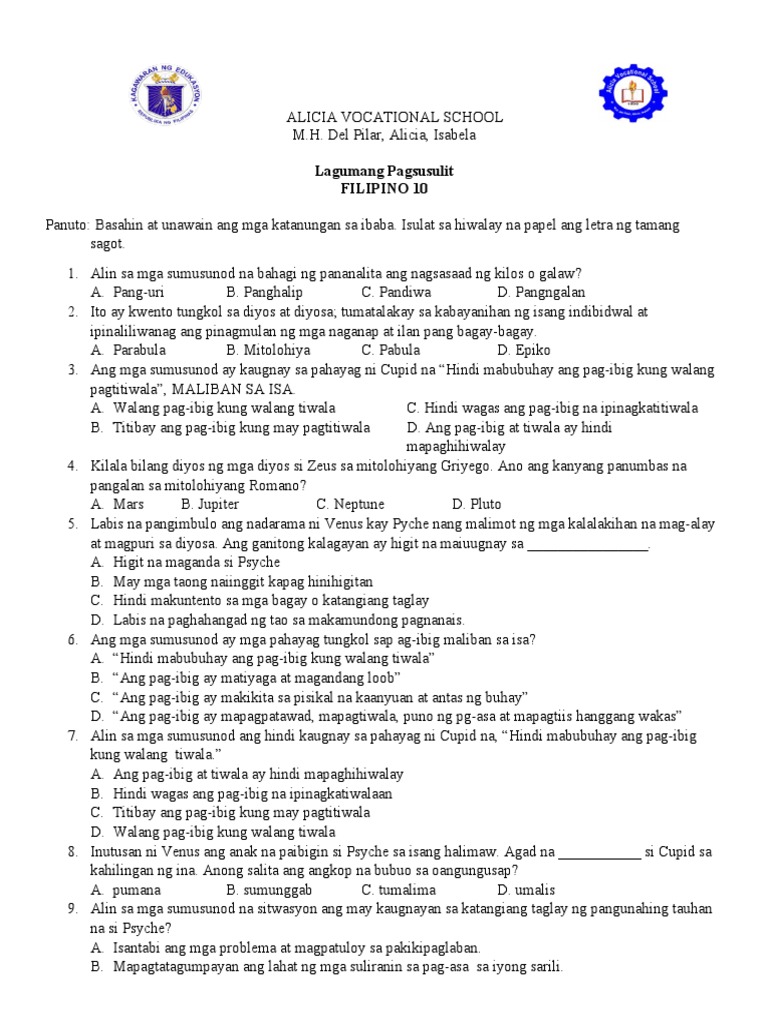 FILIPINO 10 Summative Test Q1 | PDF