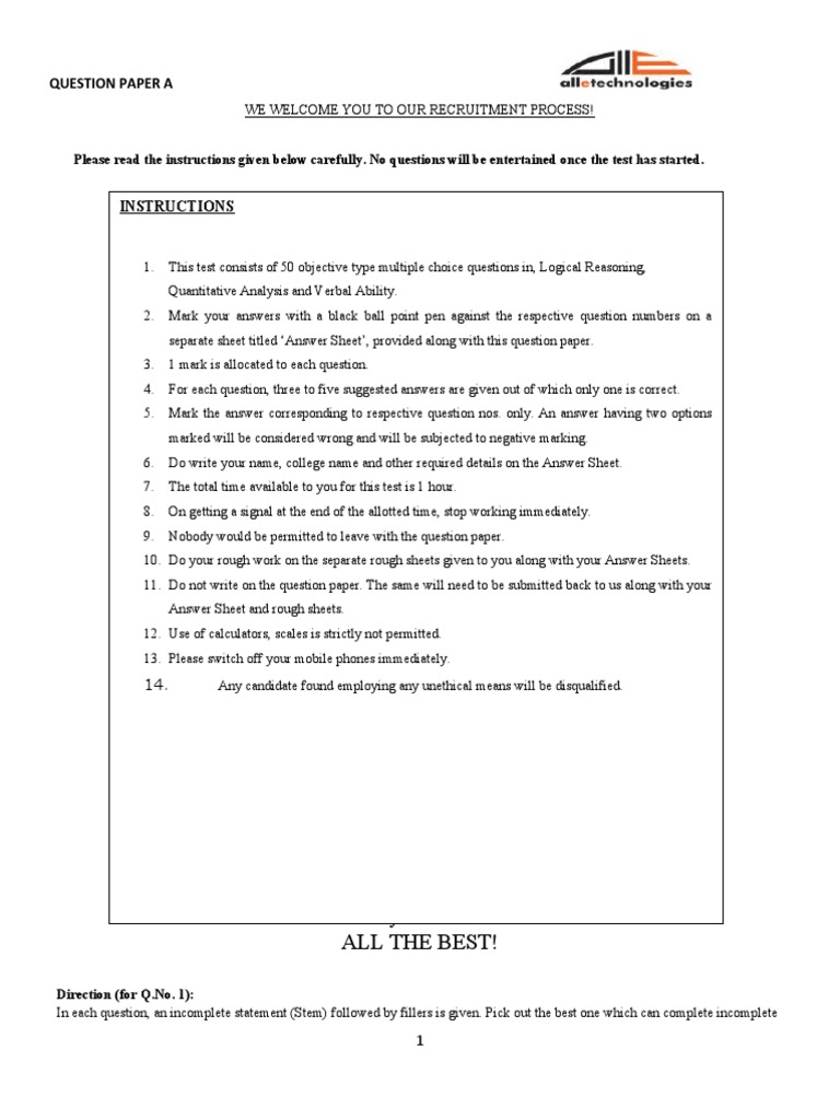 Aptitude Test Question Paper A | PDF | Question | Test (Assessment)