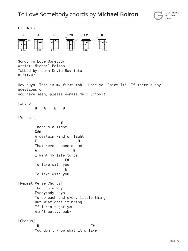 To Love Somebody Chords | PDF | Song Structure | Songs