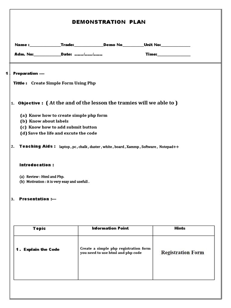 Demonstration Plan Create Simple Form Using PHP PDF