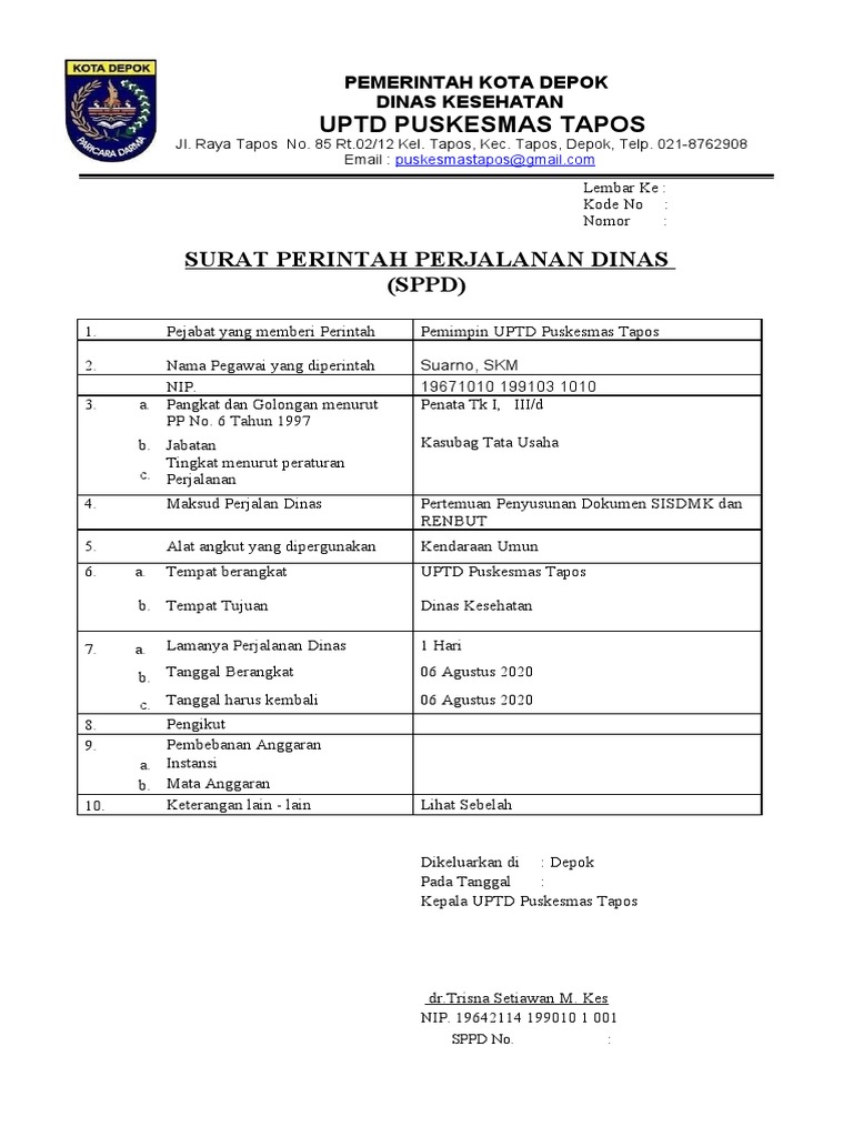 SPPD Puskesmas Tapos ke Dinkes Depok | PDF