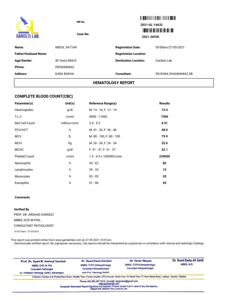 Hematology Report Complete Blood Count (CBC) : MR No | PDF | Medical ...
