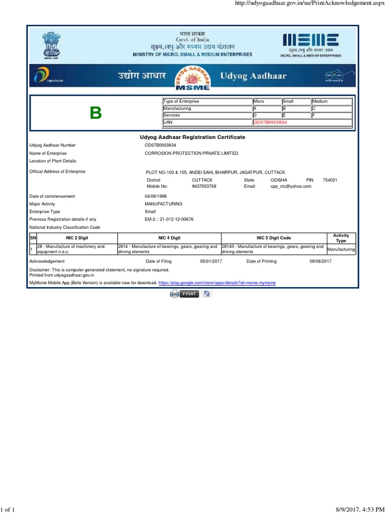 Udyog Aadhaar Registration Certificate: SN NIC 2 Digit NIC 4 Digit NIC ...