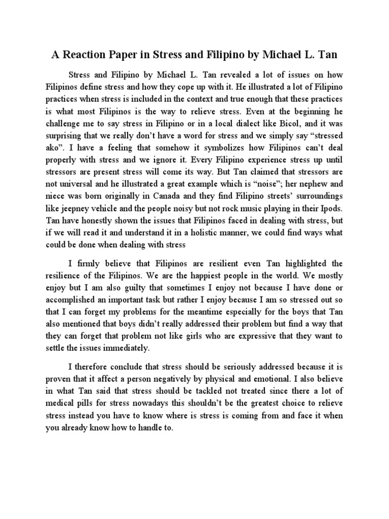 A Reaction Paper in Stress and Filipino by Michael Tan | PDF | Self ...