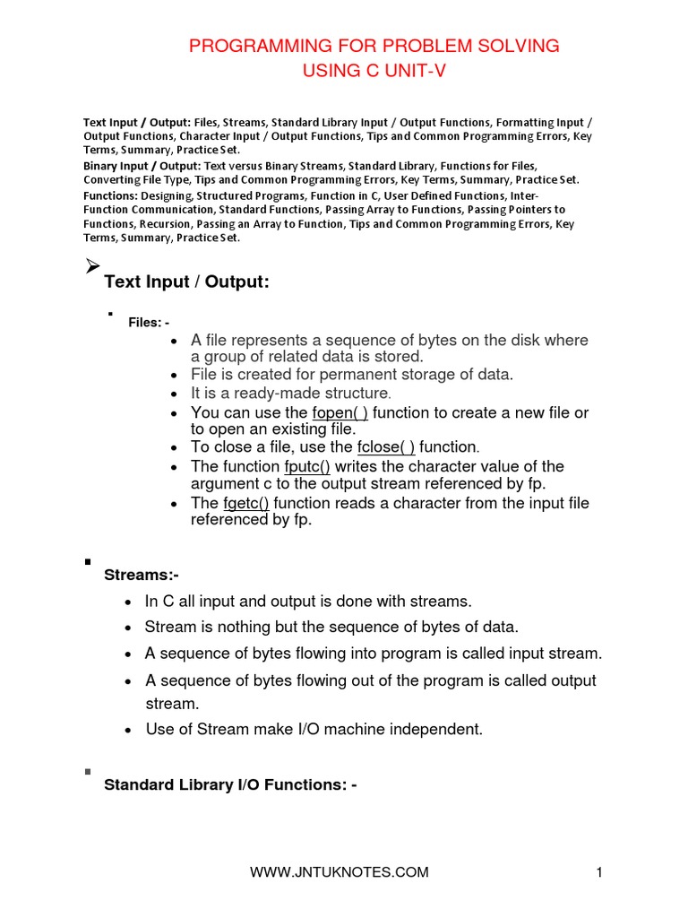 Text Input / Output:: Programming For Problem Solving Using C Unit-V | PDF | Subroutine | Data Type
