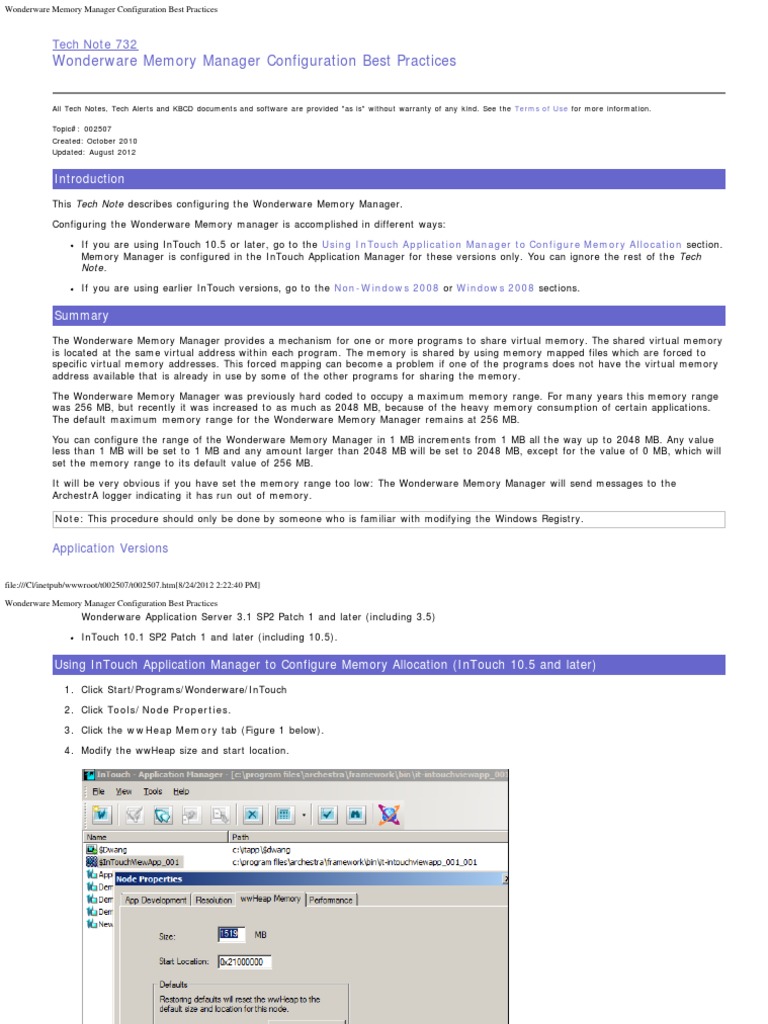 Tech Note 732 - Wonderware Memory Manager Configuration Best Practices | PDF | Windows Registry ...