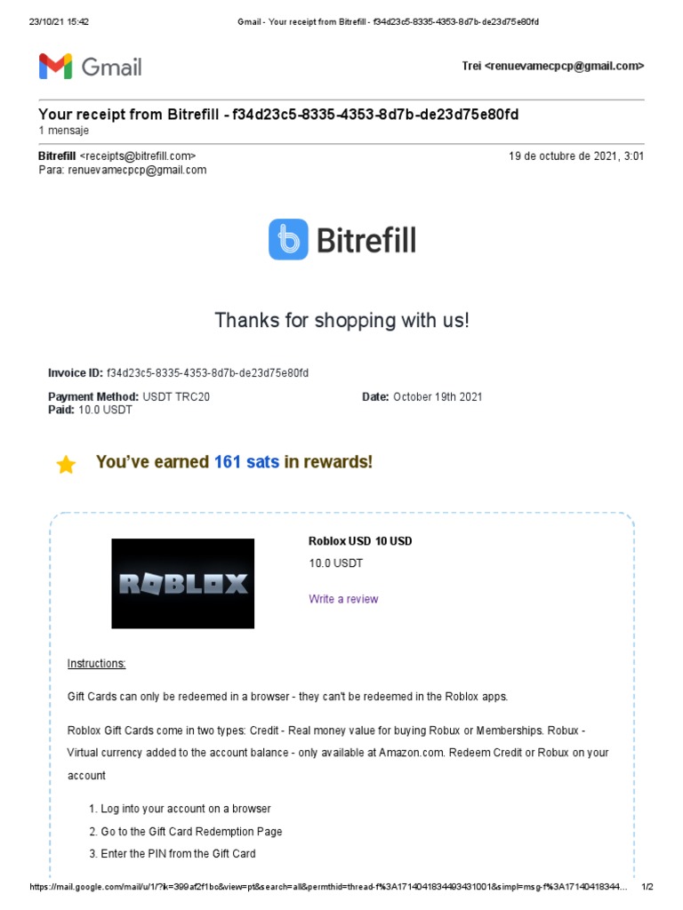 Receipt for Roblox Gift Card Purchase from Bitrefill | PDF | Gift Card ...