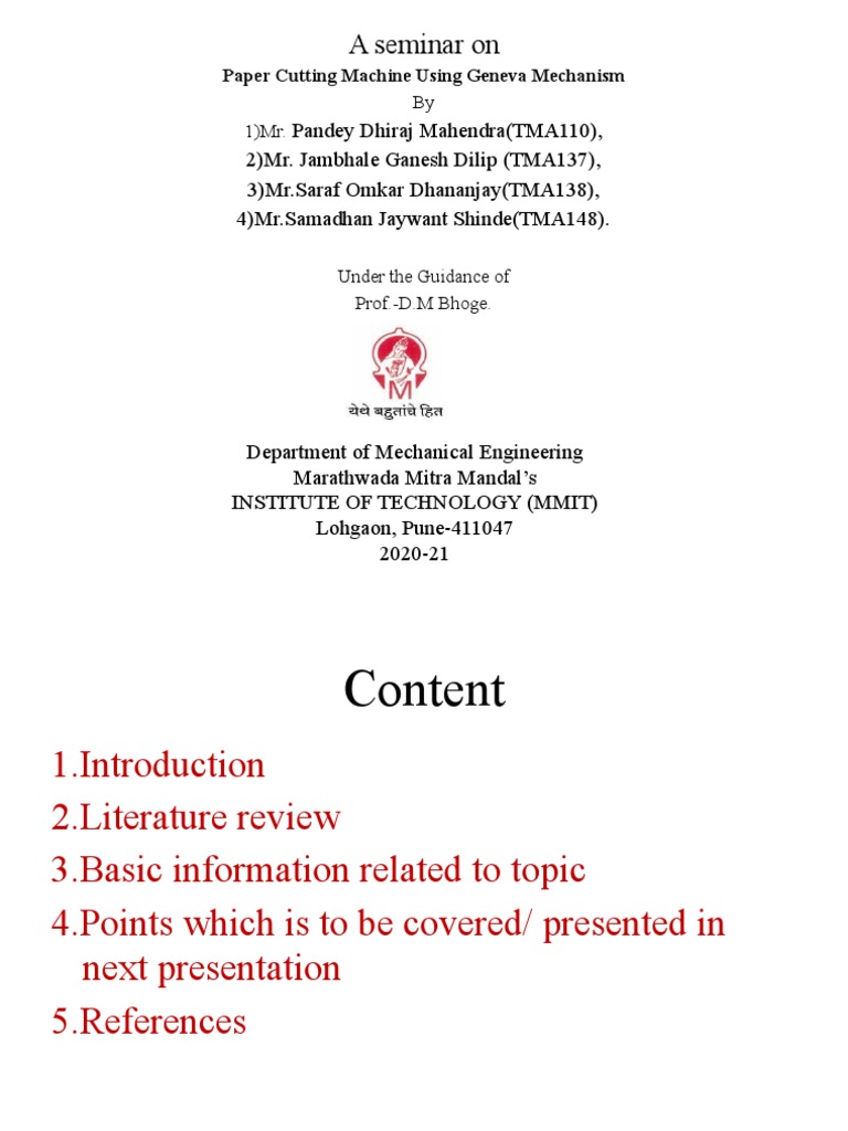 A Seminar On: Paper Cutting Machine Using Geneva Mechanism | PDF ...