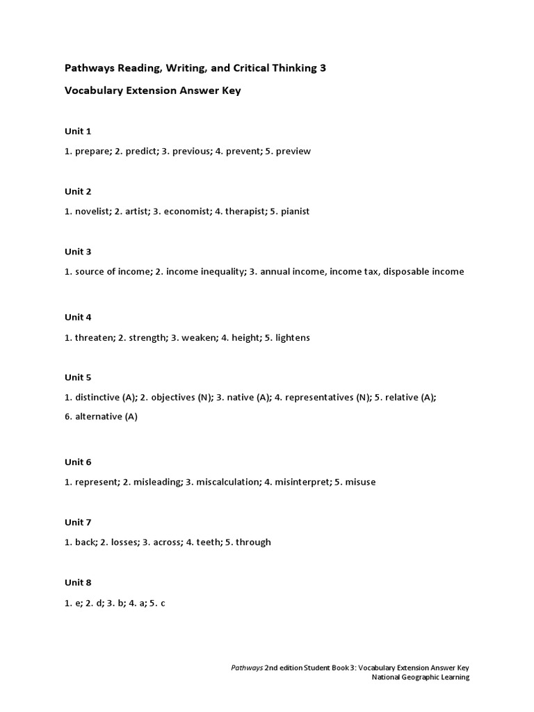 Pathways Reading, Writing, and Critical Thinking 3 Vocabulary Extension ...