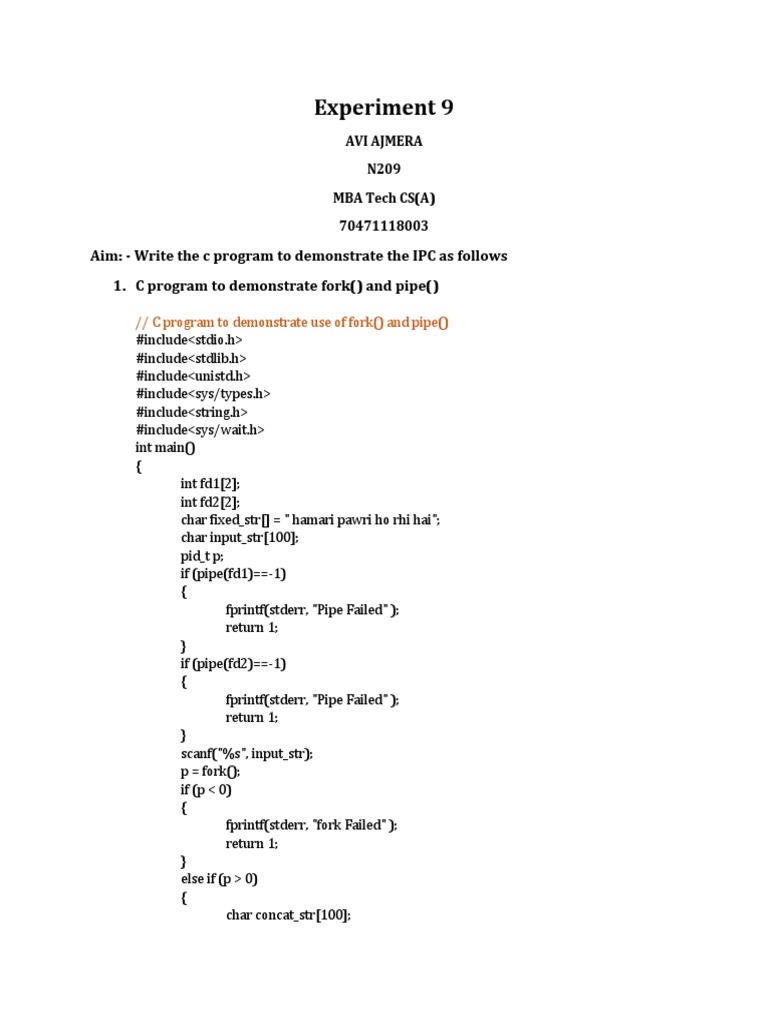 Experiment 9: Aim: - Write The C Program To Demonstrate The IPC As Follows 1. C Program To ...