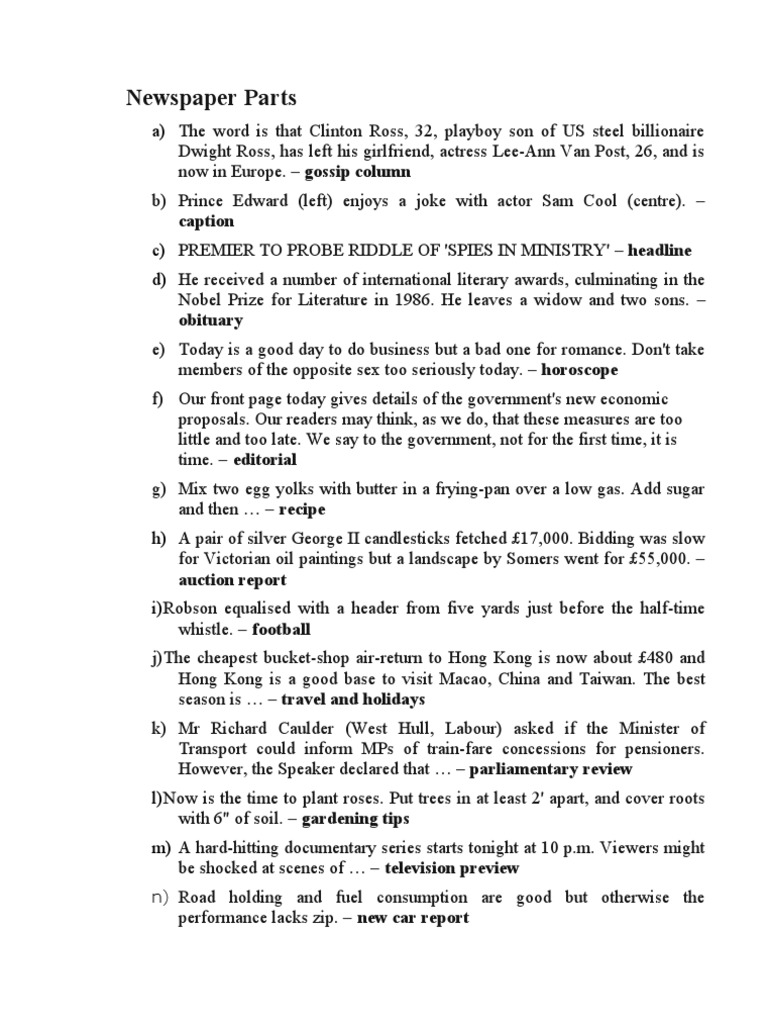 Newspaper Parts: Caption Headline | PDF