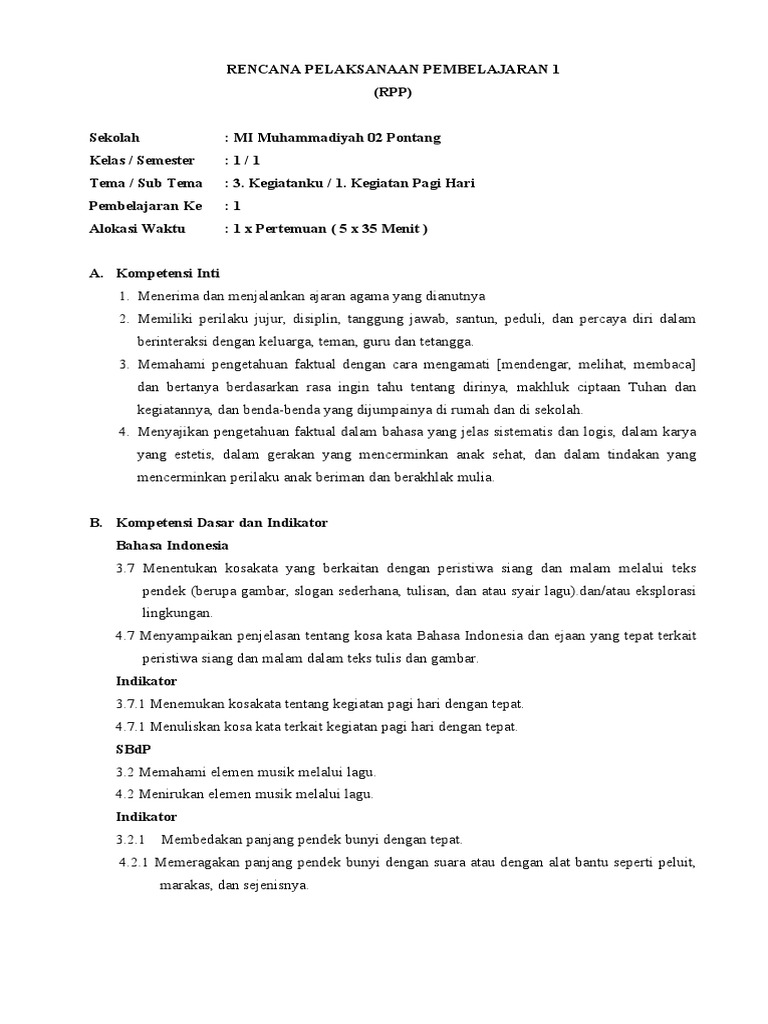 RPP 1 PKM Kls 1 | PDF