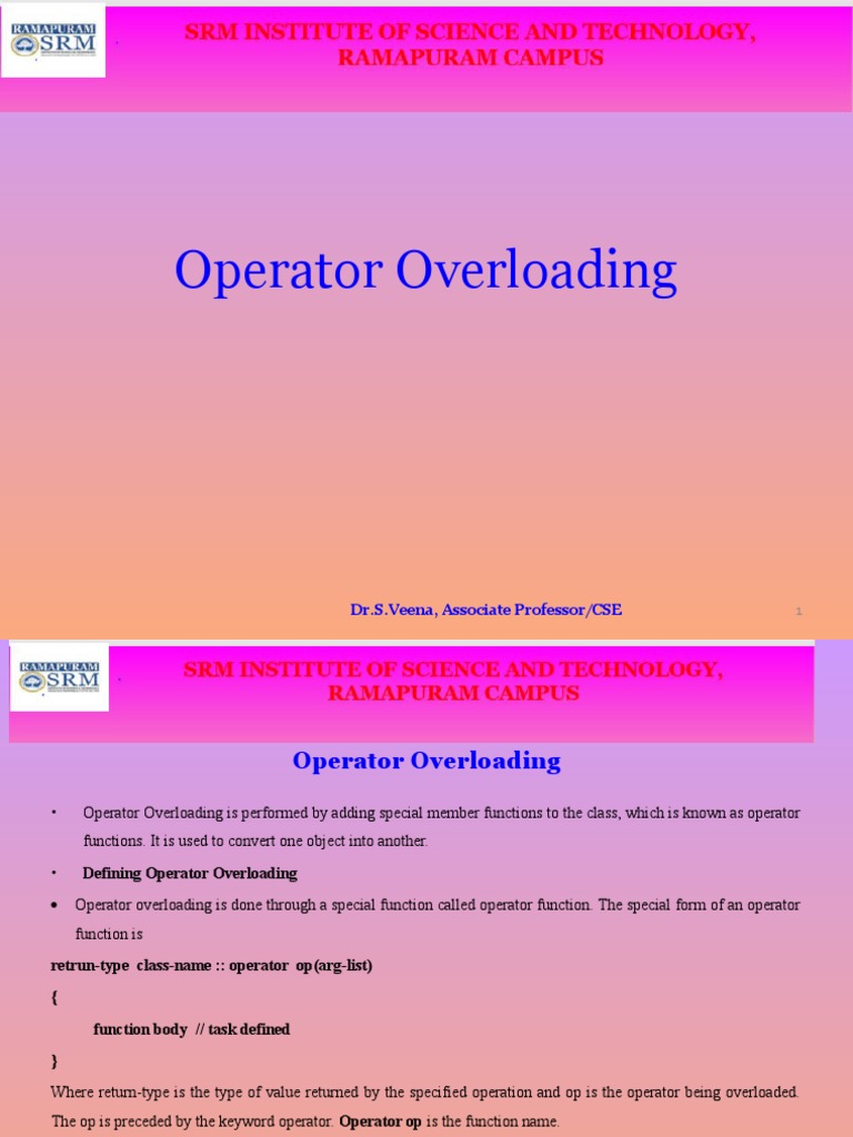 Operator Overloading: Dr.S.Veena, Associate Professor/CSE | PDF | Software Engineering ...