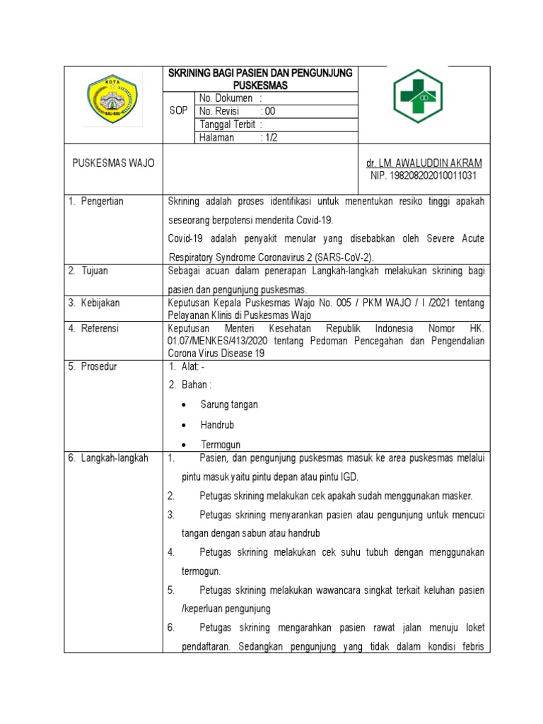 Sop SKRINING BAGI PASIEN DAN PENGUNJUNG PUSKESMAS | PDF