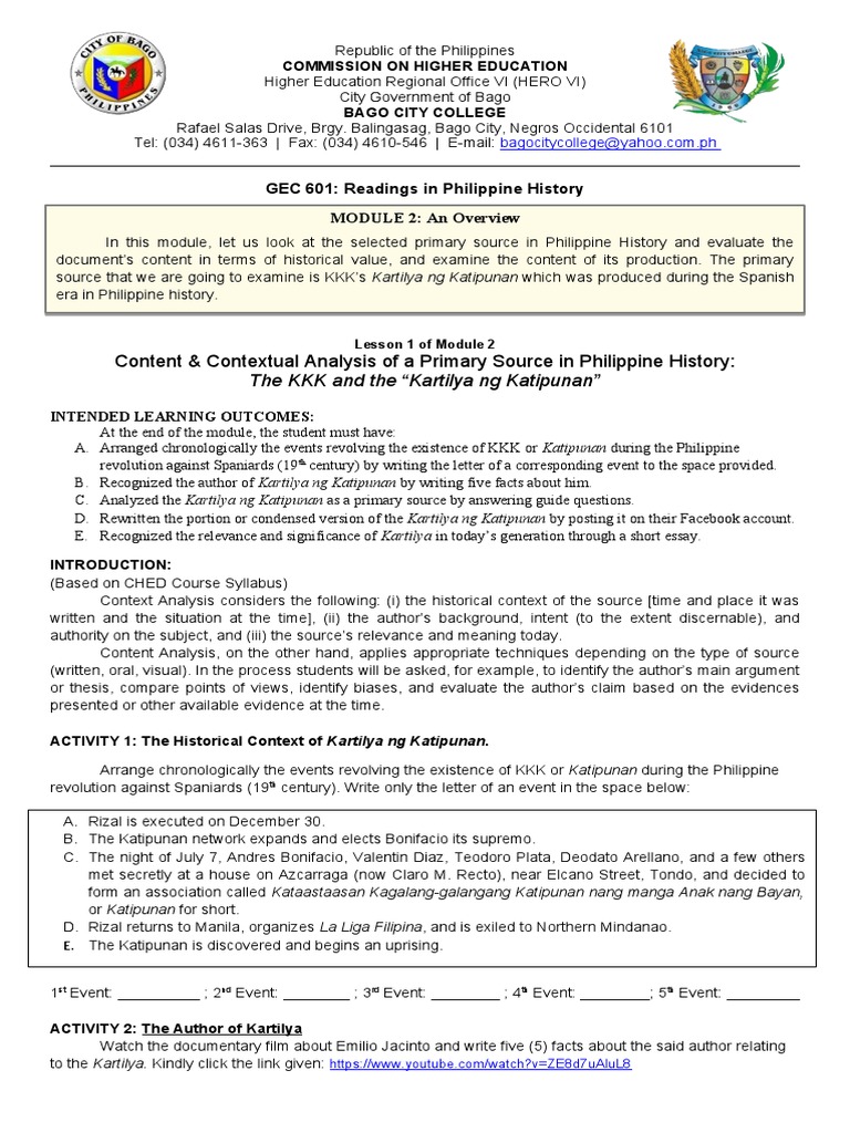 Content & Contextual Analysis of A Primary Source in Philippine History ...