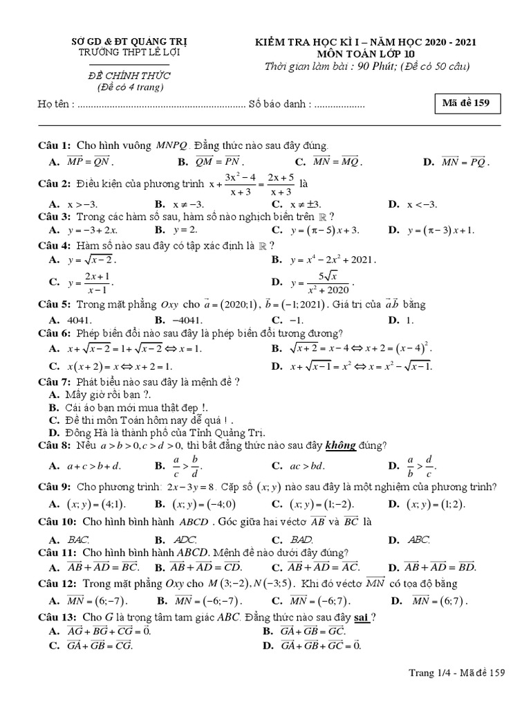 De Thi hk1 Toan 10 Nam 2020 2021 Truong THPT Le Loi Quang Tri | PDF