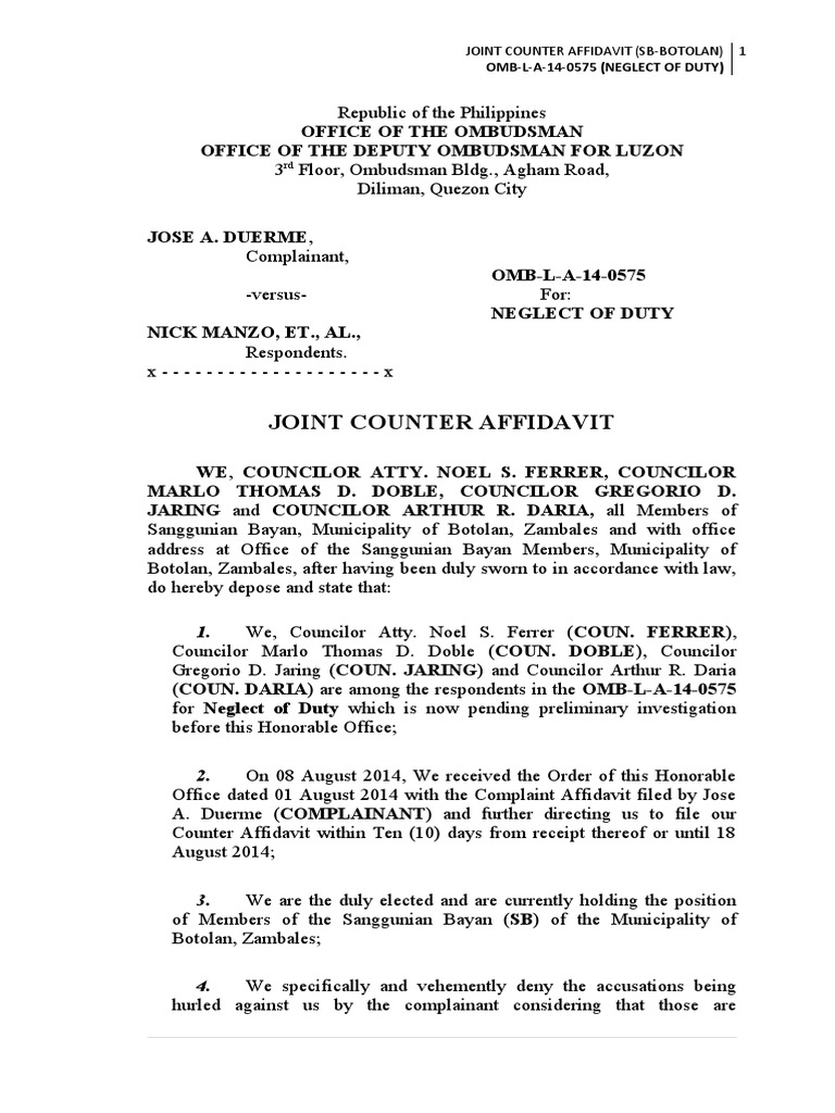 Joint Counter Affidavit: OMB-L-A-14-0575 (NEGLECT OF DUTY) | PDF ...