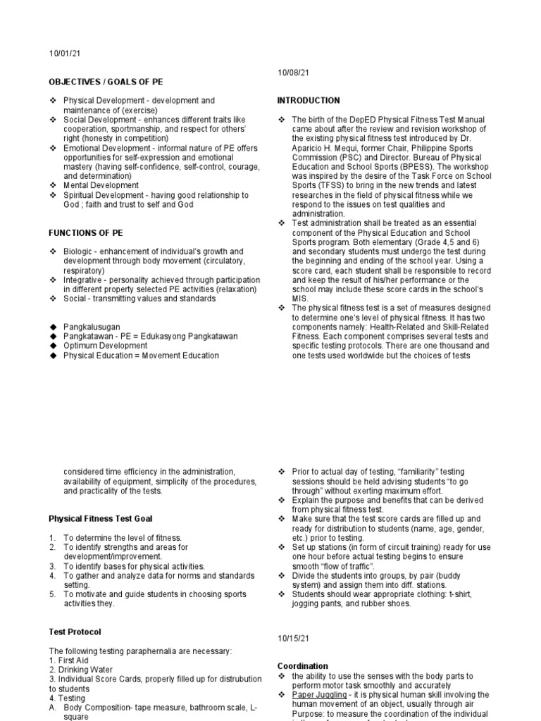 Objectives / Goals of Pe | PDF | Physical Fitness | Physical Education