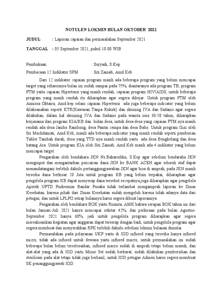 Notulen Lokmin Bulan Oktober 2021 | PDF