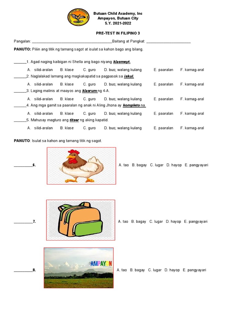 Pre-Test - Filipino 3 | PDF