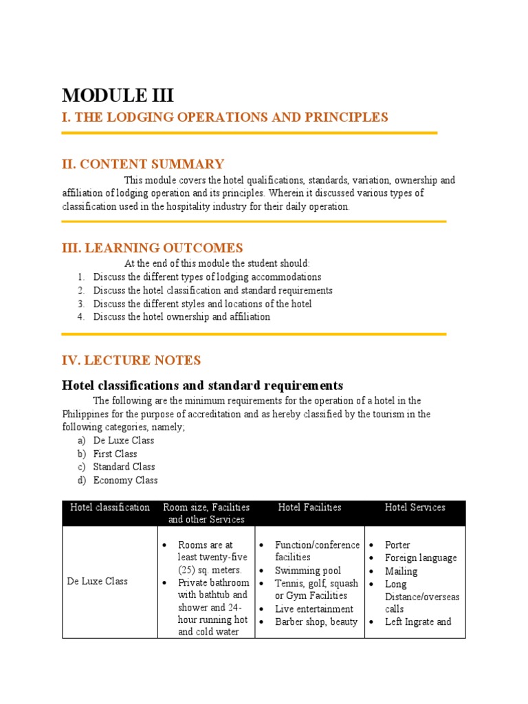 I. The Lodging Operations and Principles Ii. Content Summary | PDF ...