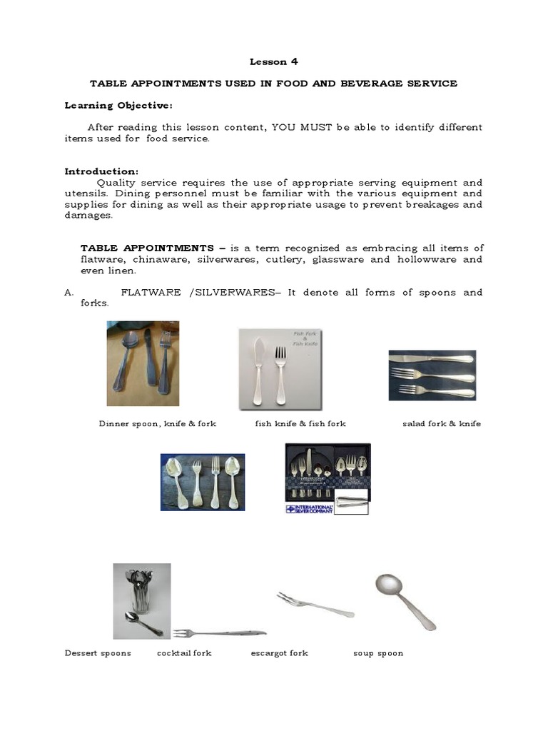 Lesson 4 TABLE APPOINTMENTS USED IN FOOD AND BEVERAGE SERVICE | PDF ...