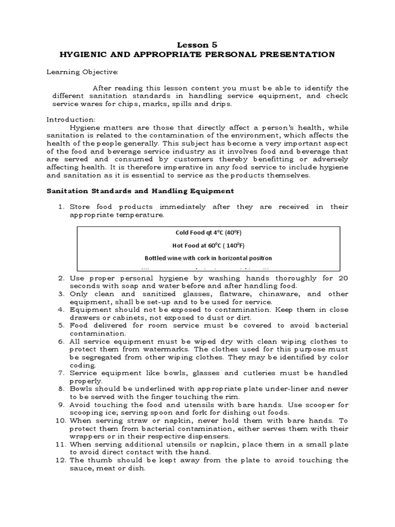 Lesson5HYGIENIC AND APPROPRIATE PERSONAL PRESENTATION | PDF | Foods ...