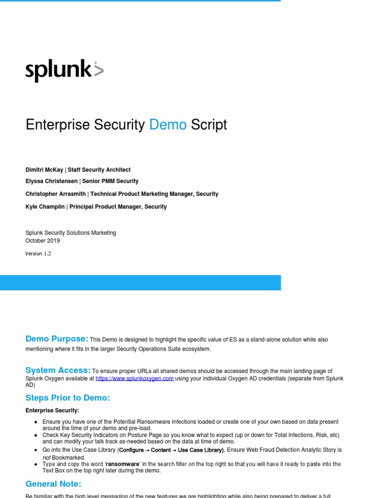 Enterprise Security Script: Splunk Security Solutions Marketing October ...