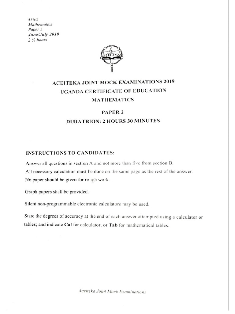 S4 Aceiteka Maths Paper 2 2019 | PDF