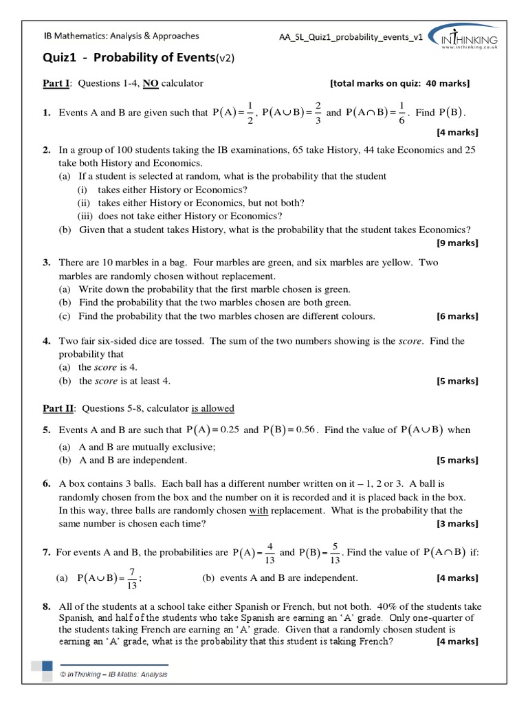 Quiz1 - Probability of Events: IB Mathematics SL | PDF | Probability ...