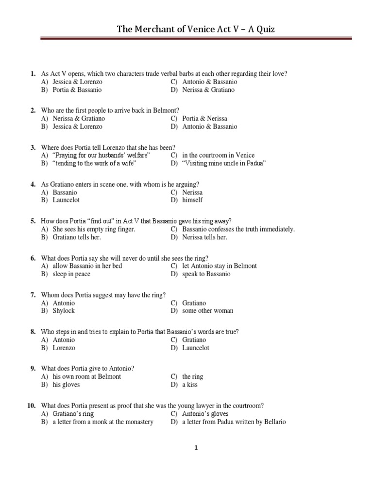 The Merchant of Venice Act V Quiz | PDF | The Merchant Of Venice ...