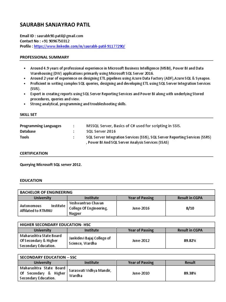 Saurabh Sanjayrao Patil: Professional Summary | PDF | Microsoft Sql ...